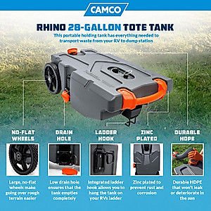 Camco Rhino 28-Gallon Portable Camper / RV Tote Tank - Features Large Heavy-Duty No-Flat Wheels & Built-In Gate Valve - Removable Steel Tow Adapter, 3’ RV Sewer Hose & More RV Accessories (39004)