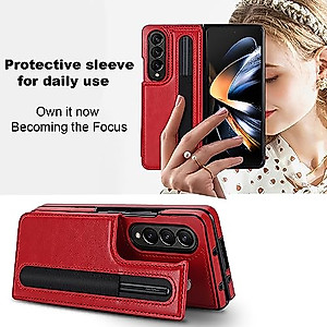Case Compatible with Samsung Galaxy Z Fold 3 5G Wallet Case with S Pen Holder&Card Holder Kickstand, Women Men Leather Wallet Phone Case for Z Fold 3 Red