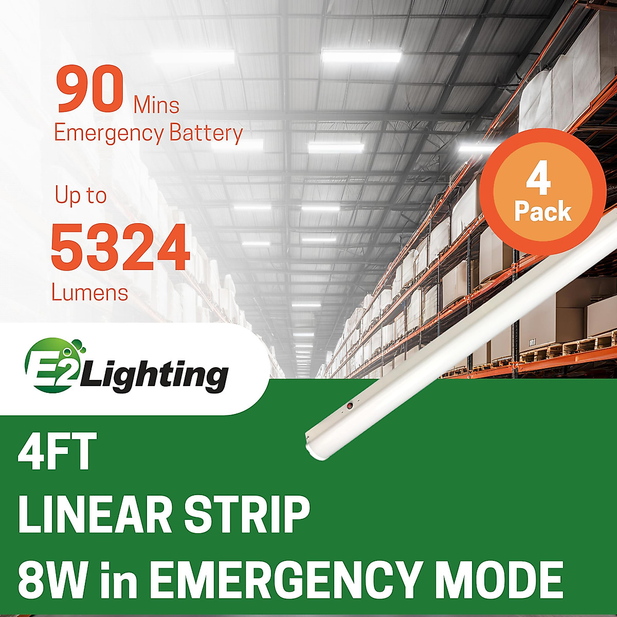 E2 Lighting 4ft LED Light Strip, 40W Linear with Emergency Battery, 3 CCT Tunable 3500K/4000K/5000K, Dimmable, Ideal for Warehouse Use-4 Pack