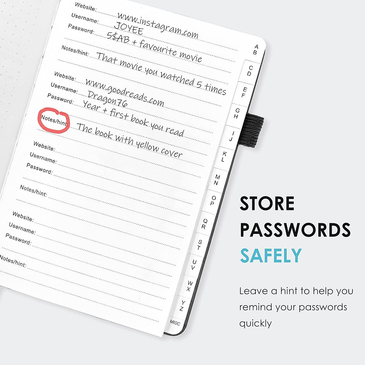Elegant Password Book with Alphabetical Tabs - Hardcover Password Book for Internet Website Address Login - 5.2" x 7.6" Password Keeper and Organizer w/Notes Section & Back Pocket (Black)