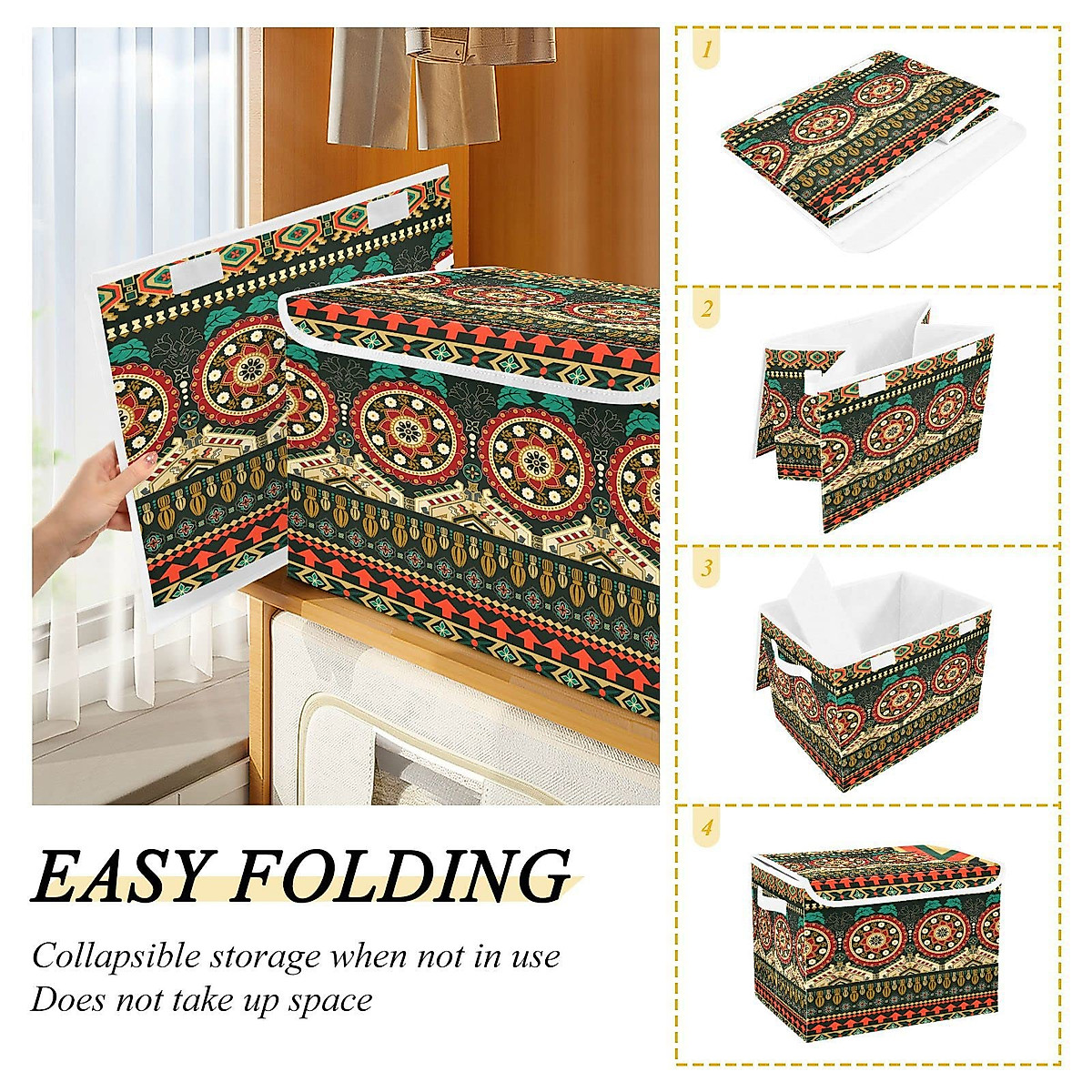 Kigai Boho Mandala Style Storage Basket 16.5x12.6x11.8 In Collapsible Fabric Storage Cubes Organizer Large Storage Bin with Lids and Handles for Shelves Bedroom Closet Office