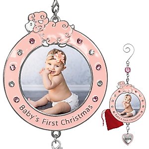 BANBERRY DESIGNS Baby Girl's First Christmas - 2024 Photo Ornament - Dated Xmas Picture Decoration for Newborn Daughter - Baby's 1st Keepsake - Gift/Storage Bag Included