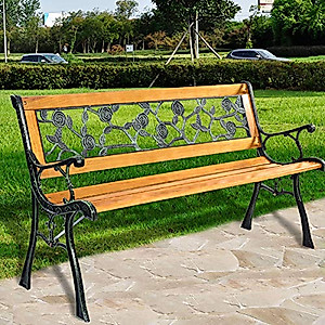 Tangkula Outdoor Garden Bench Park Bench, Patio Iron Bench Chair with Cast Iron & Hardwood Structure, Weather Proof Porch Loveseat, Perfect for Backyard, Deck, Lawn, Poolside