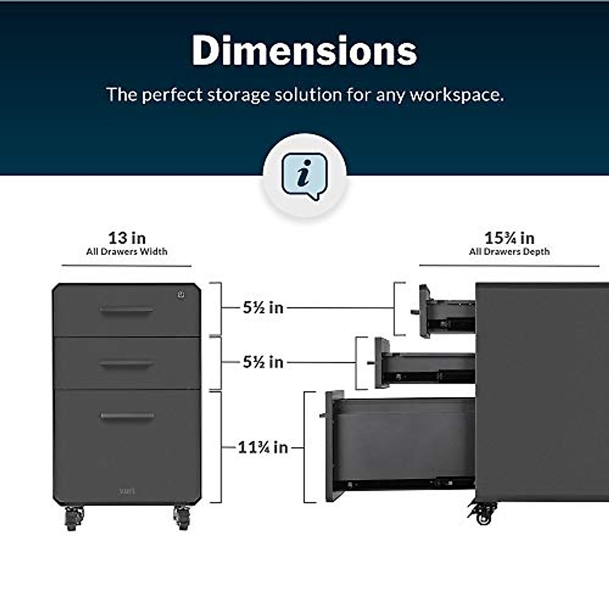 Vari File Cabinet - Three Drawer Office Filing Cabinet for Hanging File Storage - Mobile Pedestal with Heavy-Duty Steel - Storage Cabinet with Roll-and-Lock Casters & Lockable Drawers (Charcoal Grey)