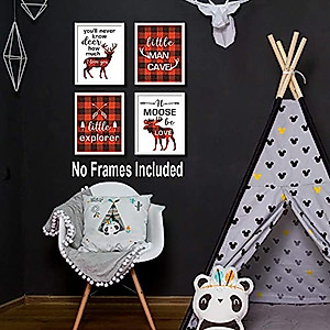 HLNIUC Woodland Animals Buffalo Plaid Nursery Wall Art,Red&Black Forest Deer Art Print,Set Of 6 (8”X10”,Unframed) Inspirational Kids Room Canvas Poster,Little Man Cave Decor For Boy Bedroom,Playroom