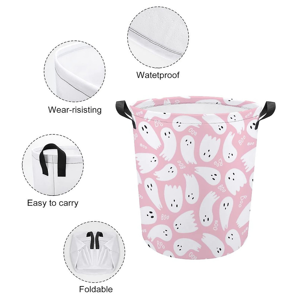 HoaMoya Collapsible Pink Cute Ghost Laundry Basket Freestanding Laundry Hamper With Handles Large Waterproof Cloth Toy Storage Bin for Household Bedroom Bathroom