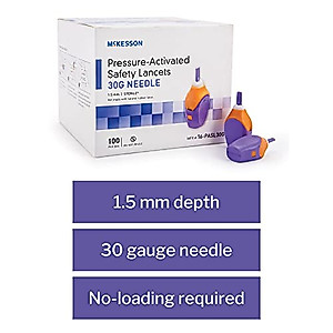 McKesson Safety Lancets, Sterile, Pressure-Activated, 30 Gauge Needle, 1.5 mm, 100 Count, 1 Pack