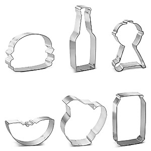 Foose Brand Cookie Cutter Summer Picnic 6 Pc Set with Recipe Card, Made in USA - 4 in Hamburger 4.5 in Bottle 3.5 in Charcoal Grill 3.5 in Watermelon 4 in Soda Beer Can 3.5 in Juice Lemonade Pitcher