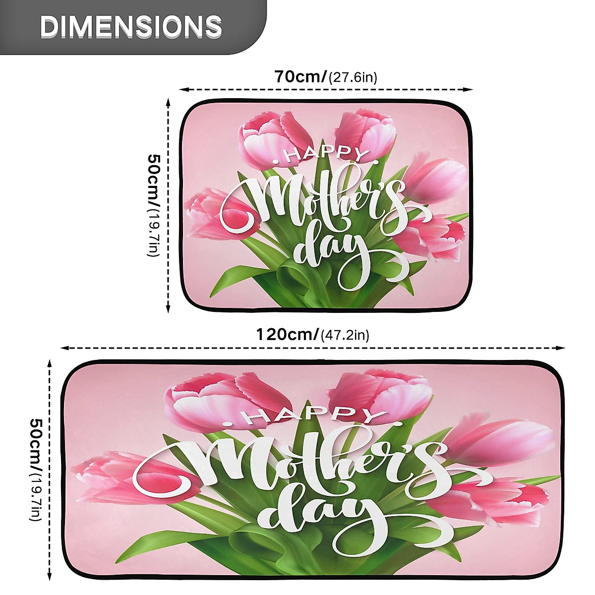 ALAZA Happy Mother's Day Pink Tulip Flower Floral 2 Piece Kitchen Rug Floor Mat Set Runner Rugs Non-Slip for Kitchen Laundry Office 20" x 28" + 20" x 48"