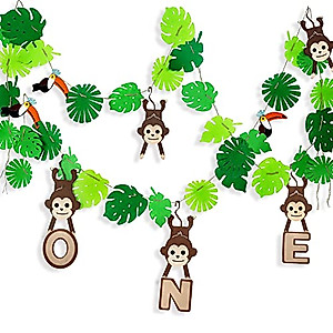 Pinkblume Felt Palm Leaves Monkey Bird Toucan Hanging Wall Decorations for Kids First Birthday Wild One 1st Tropical Jungle Safari Animal Party Banner Garland for Boys Baby Shower Living Room Bedroom