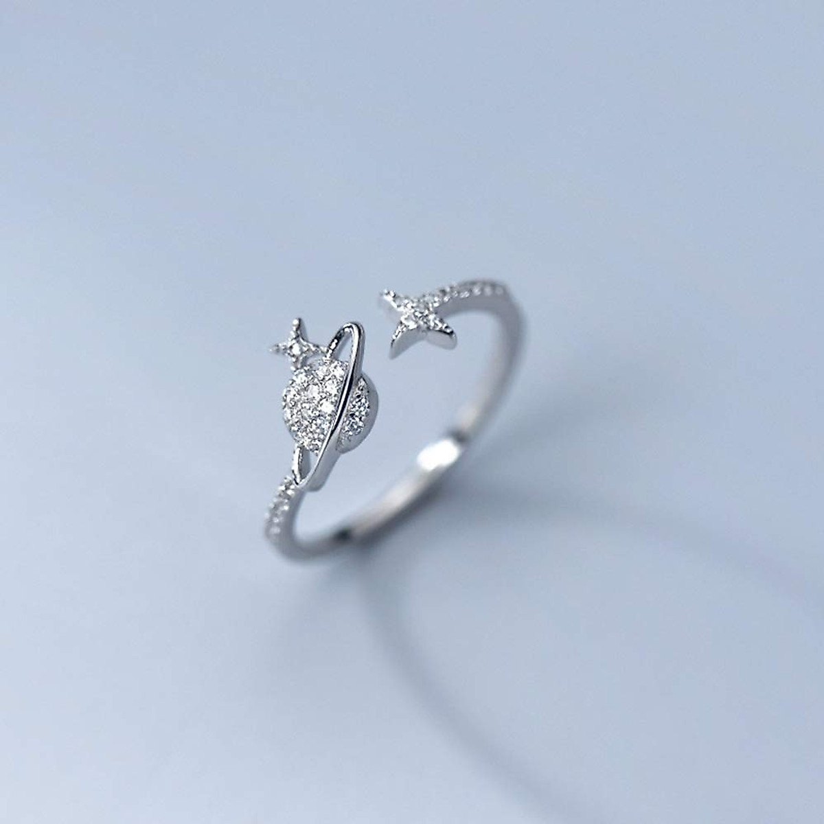 Izpack Planet Star Sterling Silver Open Stacking Rings for Women Dainty Cubic Zirconia Crystal Adjustable Engagement Promise Wedding Ring Wrap Finger Thumb Band Cute Jewelry Gifts