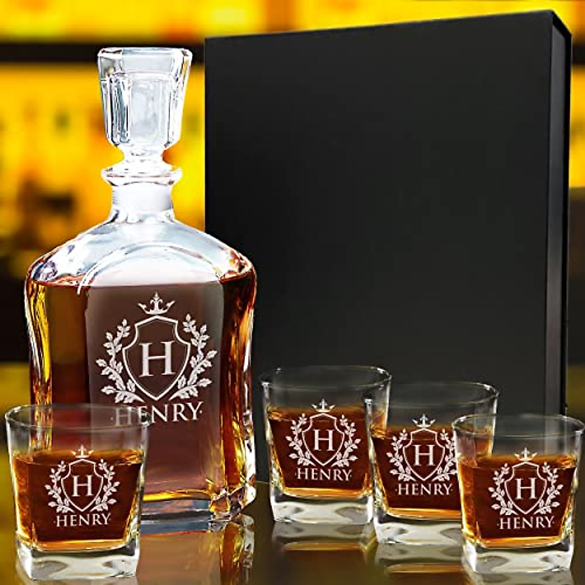 Personalized Custom Engraved Whiskey Decanter Set - Decanter and 4 Glasses Gifts Set - Custom Engraved Monogrammed with Shield Design