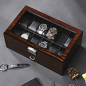 BEWISHOME 12 Watch Box with Valet Drawer, Luxury Watch Case,Watch Organizer for Mens Accessories with Real Glass Top,Metal Hinge, Brown SSH02Y