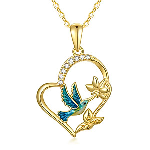 YDD 14K Solid Gold Hummingbird Necklaces for Women Gold Hummingbird Heart Pendant Bird Necklace 16''-18"