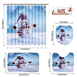 Christmas Shower Curtain Sets with Non-Slip Rugs and Toilet Lid Cover,Xmas Winter Snowman Bath for Bathroom 4 Piece Set with 12 Metal Hooks, Waterproof Bathroom Fabric ,72x72 inch