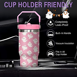 wxmbdzq 30 oz Halloween Tumbler Insulated Stainless Steel - Spooky Goth Ghost Travel Coffee Cup & Water Bottle, Witchy Goth Decor - Cute Ghost Gift For Mom, Dad, Sister - Spirit Halloween Cup, Pink