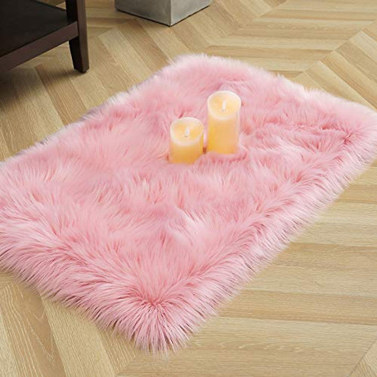 LOCHAS Soft Fluffy Faux Fur Rugs for Bedroom Bedside Rug 2x3, Washable Furry Area Rug Carpet for Living Room Dorm Floor, Durable Faux Throw Carpets, Pink