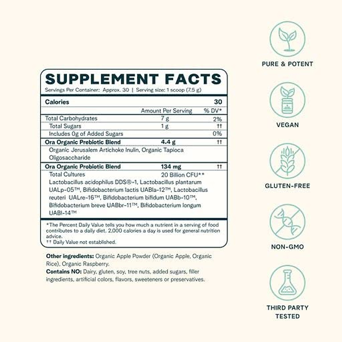 Ora Organic Prebiotic and Probiotic Powder Supplement - 20 Billion Probiotics, 7 Strains for Best Prebiotic Powder, Non-GMO, Probiotics for Women, Men & Kids - Apple Raspberry Flavor, 30 Servings…