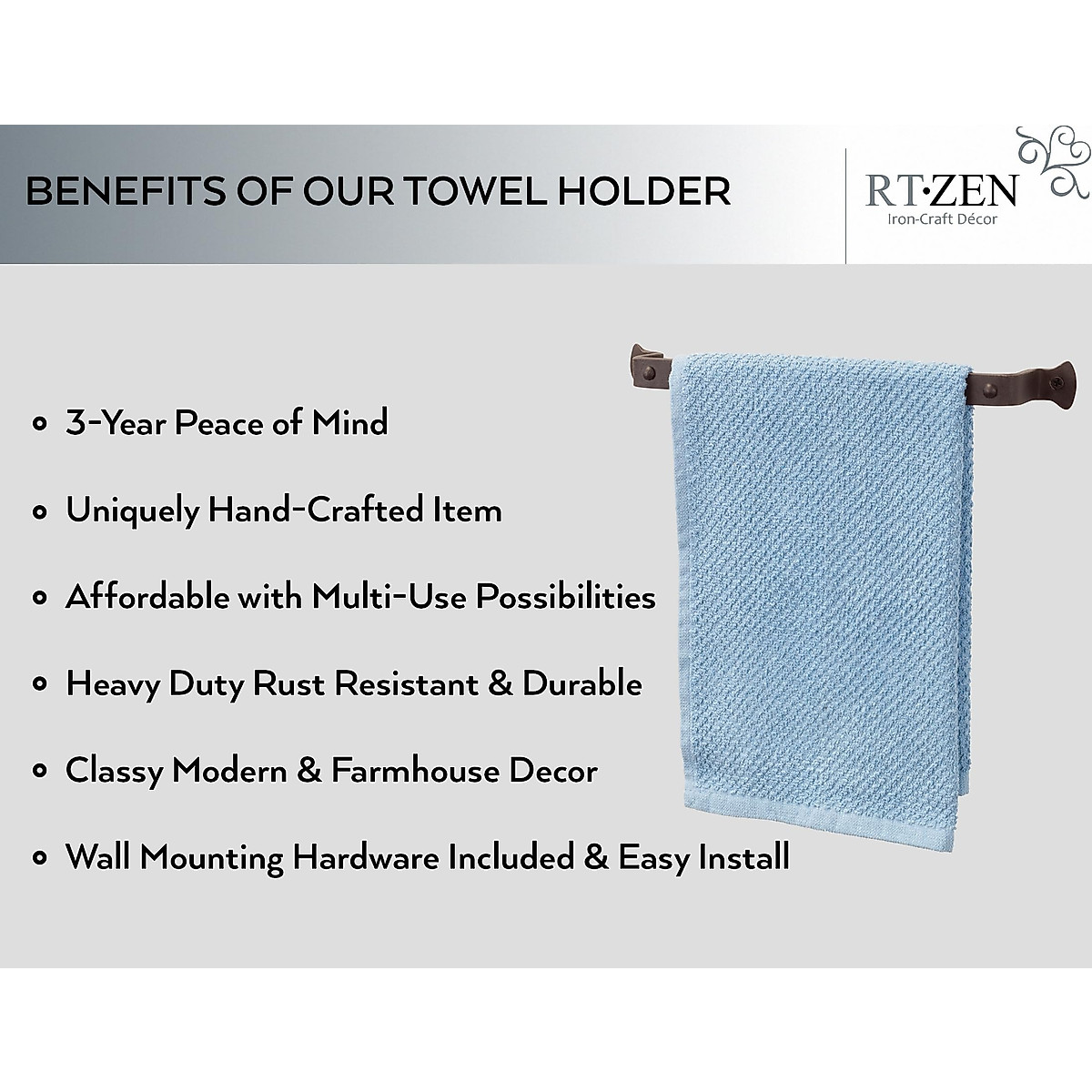 RTZEN Black Wrought Iron Wall Mounted Towel Holders and Coat Hooks Set - Handcrafted Classic Farmhouse Multipurpose Hanging Pieces for Home - Hand Towel Bar, Bath Towel Bar and 3 Pack Double Hooks