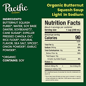 Pacific Foods Organic Butternut Squash Soup, Plant Based Light Sodium Soup, 32 oz Carton
