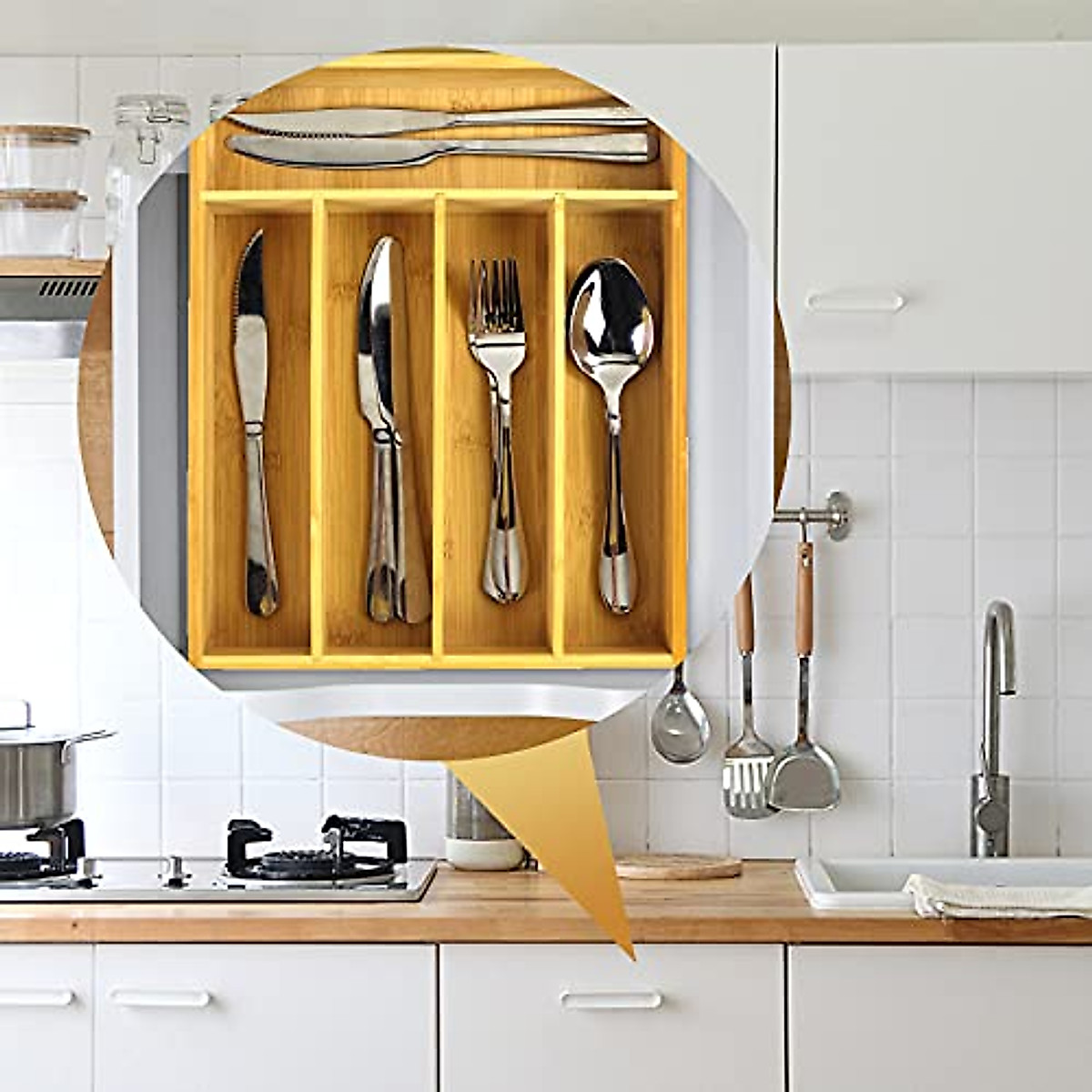 PURENJOY Bamboo Utensil Drawer Organizer Kitchen Utensils Cutlery Organizer in Drawer Kitchen Flatware Organizers for Drawer Cutlery Tray Organizer Silverware Holder Dividers with 5 Compartments