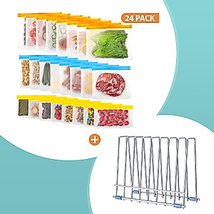 24Pack Reusable Storage Bags with Drying Rack, BPA Free PEVA Reusable Freezer Bags,Reusable Gallon Bags, Reusable Sandwich Bags, Silicone Food Bags for Women, Men and Kids