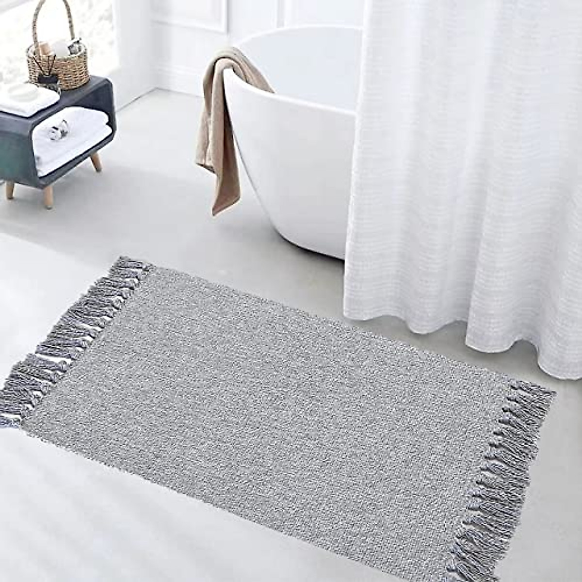JE JOUE Boho Bathroom Rug 2'x3' Grey，Hand Woven Tassel Solid Color Area Rug, Washable Bedroom Runner mat for Laundry Kitchen Outdoor Bathroom Dorm entryway