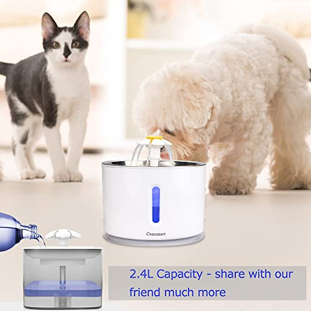 Comsmart Cat Water Fountain, 81 Ounce/2.4 Liters LED Pet Fountain Stainless Steel Automatic Drinking Water Dispenser for Cats, Dogs, Other Pets