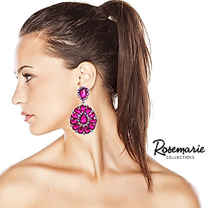 Rosemarie & Jubalee Women's Dramatic Teardrop Crystals Long Shoulder Duster Clip On Style Earrings Barbie Costume Jewelry, 3.5" (Fuchsia Pink Crystal Silver Tone)