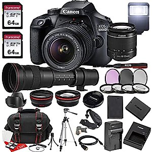 Canon EOS 4000D (Rebel T100) DSLR Camera w/18-55mm F/3.5-5.6 Zoom Lens + 420-800mm f/8.3 HD Telephoto Lens + 2X 64GB Memory + Hood + Case + Filters + Tripod + More (35pc Bundle)