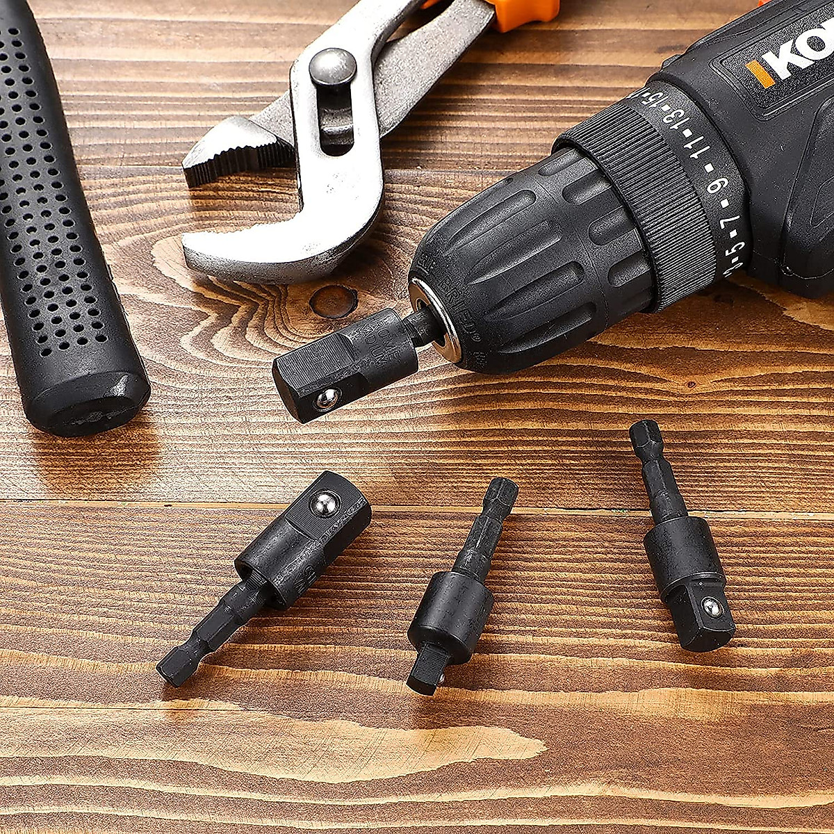 Power Hand Tools,Impact Driver Bit Set,360°Rotatable,3Pcs1/4"3/8"1/2"Hex Shank Set Power Drill Cordless Impact Sockets Bit Set Adapter,1/4Inch Hex Shank,to Drive for Adapters to Use with Drill Chucks