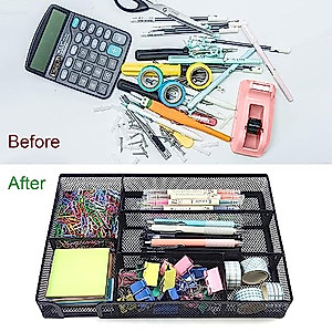 ROSROSE Desk Drawer Organizer Tray, Metal Mesh Drawer Organizer Office w/6 Compartment, Multi-use Desk Organizer Tray Storage for Home Office School Supply, Desktop, 12.6 x 8.7 x1.8in, Black-2 Pack