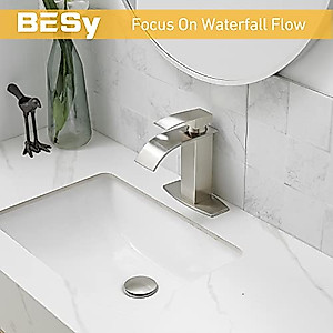 BESy Brushed Nickel Waterfall Spout Bathroom Faucet, Single Handle Bathroom Sink Faucet with Pop-up Drain, Rv Vanity Faucet with Deck Plate & Supply Hoses, Burshed Nickel, 1 or 3 Hole