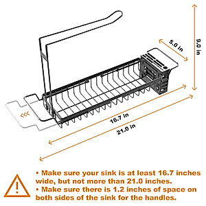 Sponge Holder for Kitchen Sink Telescopic Sink Storage Rack, Expandable for Sponge Brush Soap Dish Cloth Rag 16.7" to 21.3"(201 Stainless Steel) (Black Upgrade)