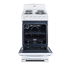Summit 20" Electric Range, 220V 4 Burner Range, 2.3 cu.ft. oven, White- RE203W
