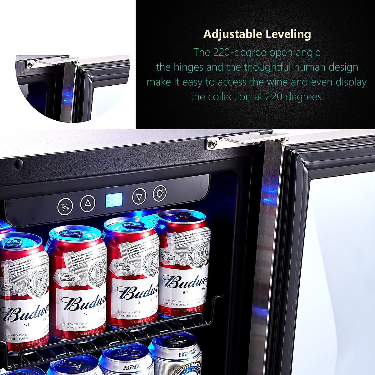 Kalamera 15” Beverage Cooler and Refrigerator Under Counter Built-in or Freestanding - 96 Cans Capacity Mini Fridge- for Soda, Water, Beer or Wine - For Kitchen or Bar with Blue Interior Light