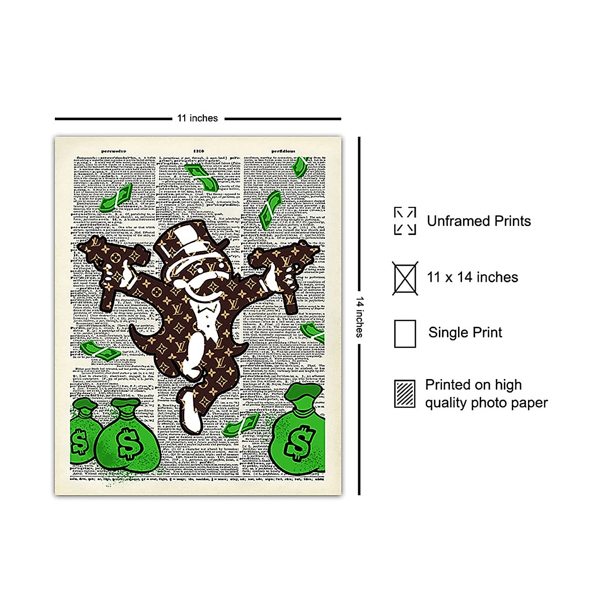 LARGE 11X14 - Designer LV Monopoly Man Poster - Glam Fashion Design - Urban Street Art - Graffiti Wall Art Print - Room Decoration for Dorm, Office, Teens Bedroom – Cool Gift – High Fashion Home Decor