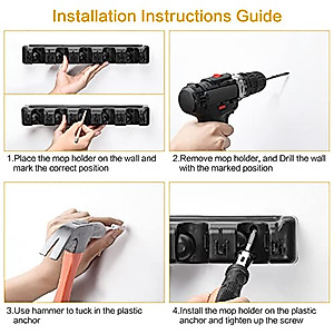 Champs Broom Holder Wall Mount, Mop and Broom Holder Broom Organizer Hanger Storage Rack Wall Holder with 5 Slots and 6 Hooks for Garden Kitchen Garage Laundry Tools [Black]