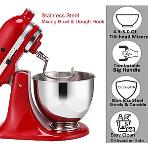 Stainless Steel Mixing Bowl & Dough Hook for KitchenAid 4.5 & 5.0 Quart Tilt-head Mixers, Dishwasher Safe, Additional Replacement with KitchenAid Original Attachments