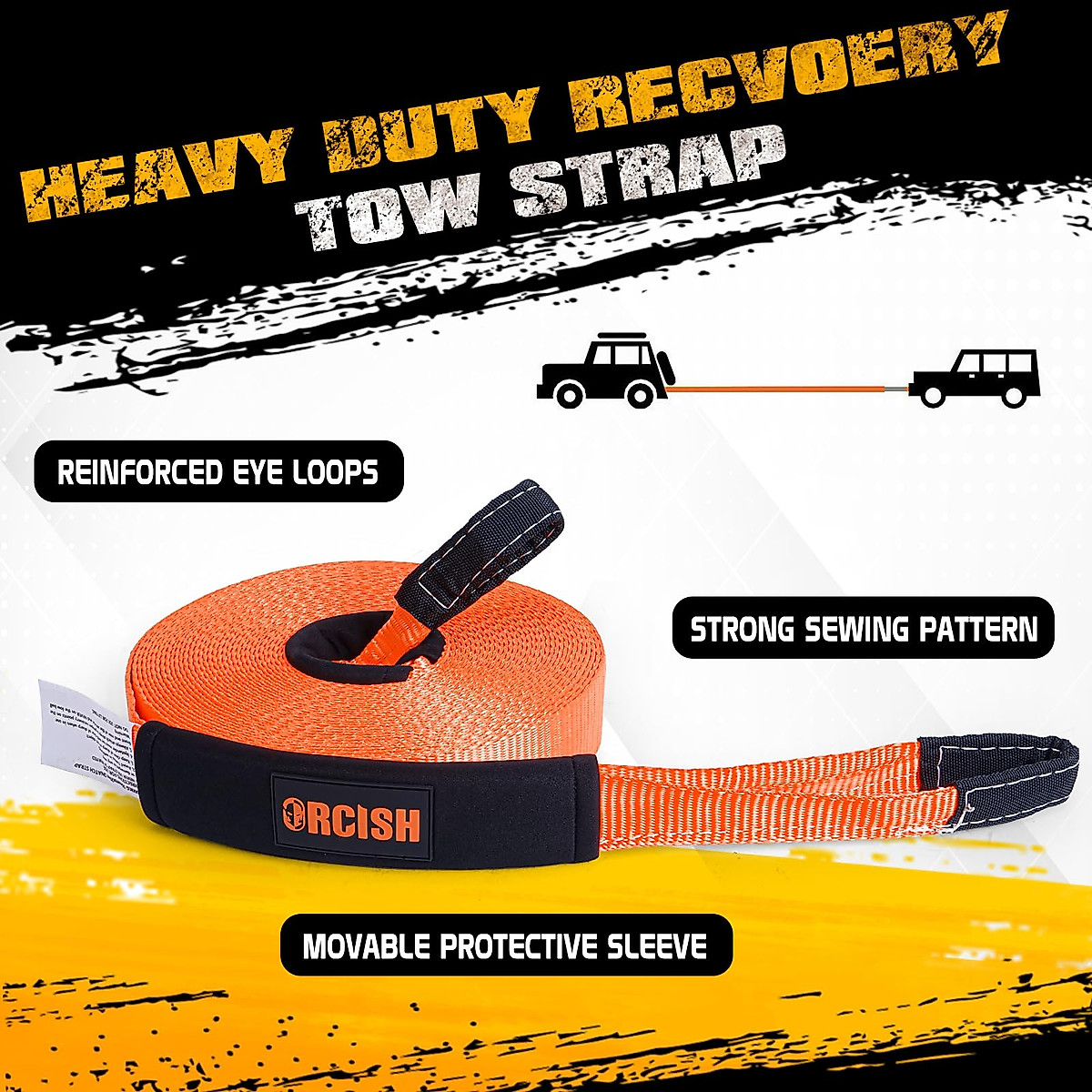 ORCISH Long Recovery Tow Straps, 2" x 66 FT Tow Straps Heavy Duty with Loops, Tow Rope for Truck, Vehicle Recovery Rope with Reinforced Loops and Protective Sleeves, Tree Saver Strap for Winching