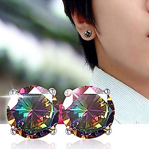 18K White Gold Plated Rainbow Quartz Stud Earrings Colourful Fashion CZ Created Mystic, Round Solitaire Mystic Earrings Hypoallergenic for Women Men Jewelry Gifts