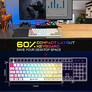 Mini Mechanical Gaming Keyboard Type-c Wired with PBT Dye-subbed Keycaps Rainbow RGB Backlit 60%Layout Full Anti-Ghosting 62 Key Ergonomic for Typist Laptop PC Mac Gamer (White Main/Blue Switch)