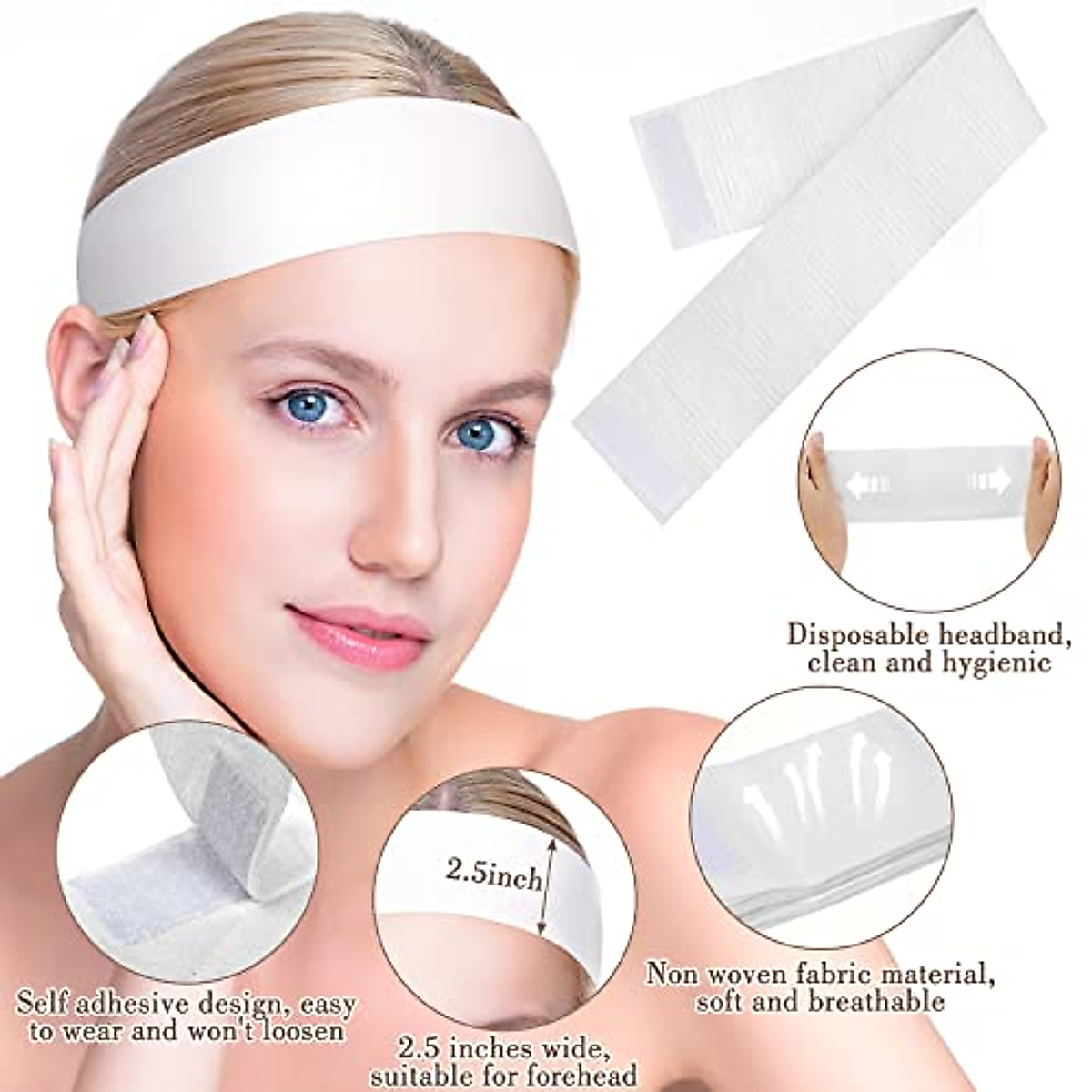 Sublaga 150 Count Disposable Headbands, White, Breathable Elastic Non-woven Fabric, Convenient for Facials, Esthetician Supplies, Salon, Day Spa, Hotel and Travel, Hairband for Women's Hair