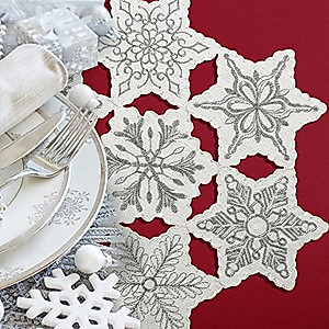 OWENIE Christmas Placemats Set of 4, Metallic Embroidered Cutwork Silver Snowflakes Round Placemats for Dinging Table, Luxury Holiday Tabletop Collections, Winter Table Mats (4pcs, 15 inches Round)