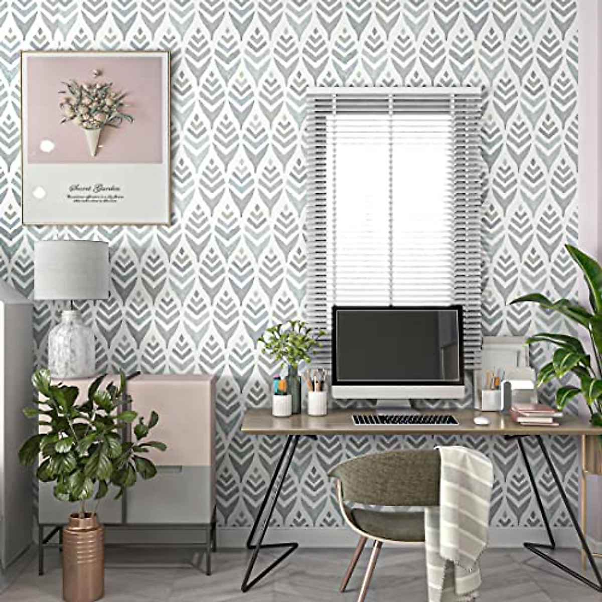 Grey Leaf Wallpaper Peel and Stick Wallpaper for Bedroom Bathroom Boho Contact Paper for Cabinets Bathroom Removable Wallpaper Self Adhesive Modern Waterproof Vinyl Wallpaper Kitchen 17.3‘’×78.7‘’