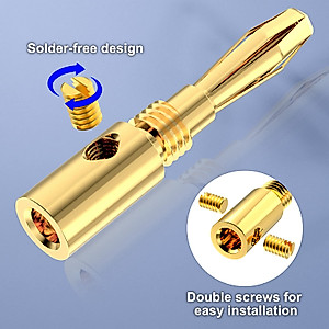 VCELINK Speaker Banana Plugs 6 Pairs/12 Pcs, 24K Gold Plated Dual-Screw Type Speaker Connector for Speaker Wire, Home Theater, Wall Plate, Audio/Video Receiver and Sound Systems (Red+Black)