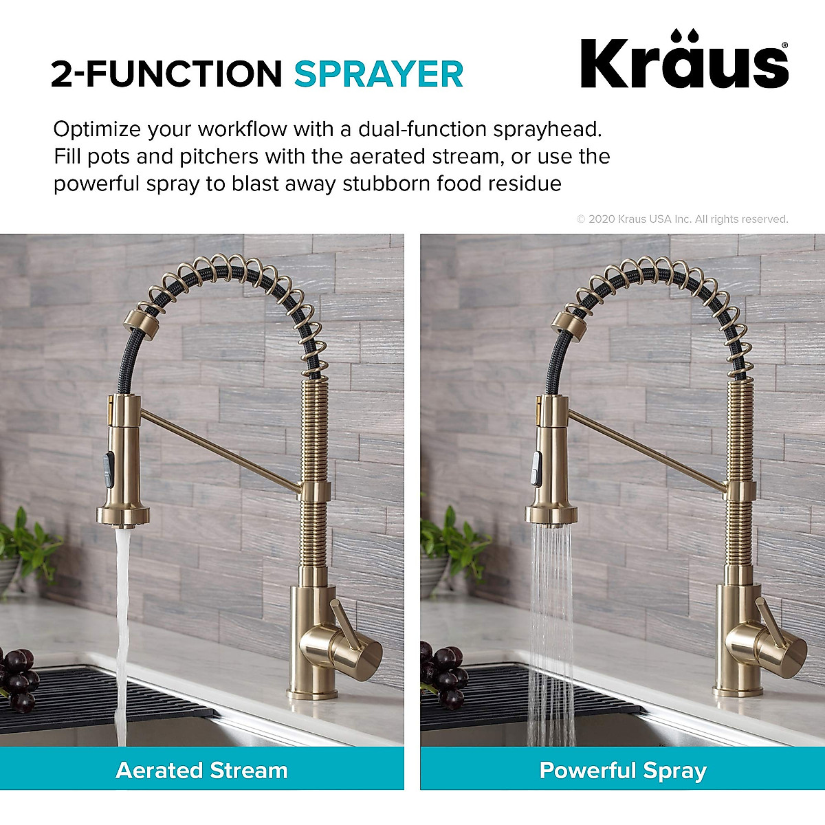 KRAUS Bolden Commercial Style 2-Function Single Handle Pull Down Kitchen Faucet in Spot-Free Antique Champagne Bronze, KPF-1610SFACB