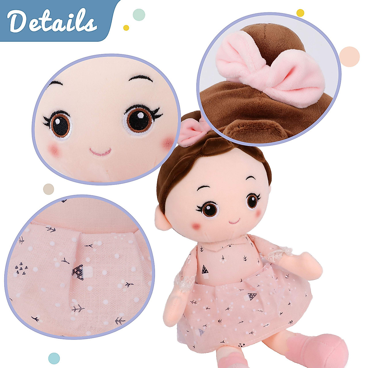 Hopearl Stuffed Doll for Girl Soft Plush Snuggle Play Toy Sleeping & Cuddle Buddy in Dress Birthday Festival Baby Doll, Pink, 18''
