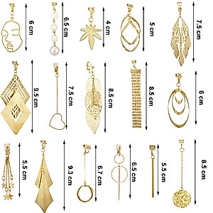 16 Pairs Clip on Drop Dangle Earrings Set Bohemian Tassel Pendant Clip Earrings Gold Plated Ear Clips Non-Piercing Pendant Earrings for Women (Chic Style)