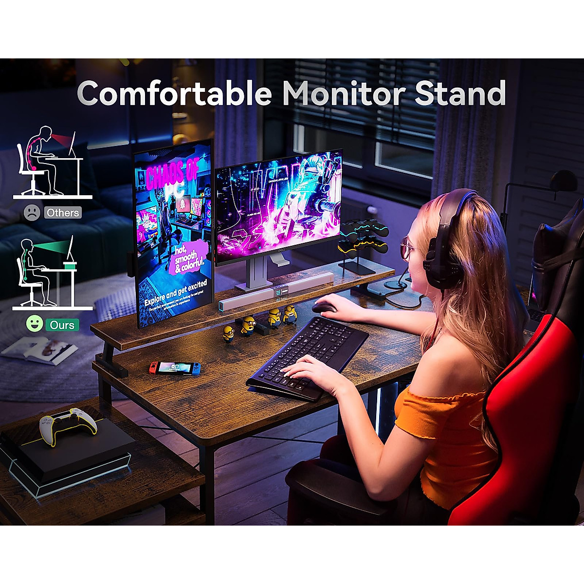 AODK L Shaped Desk with 6 Drawers & Power Outlet, 72 Inch Computer Desk with File Drawer & Printer Storage Shelves, Reversible Desk with Monitor Shelf for Home Office, Rustic Brown